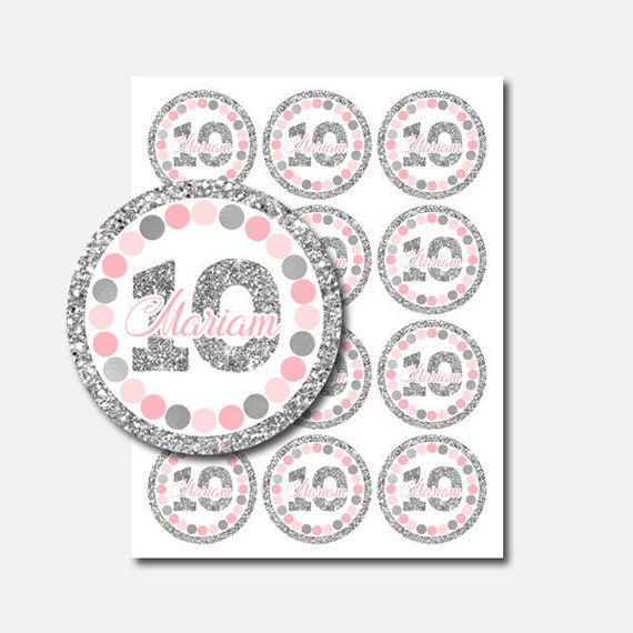 Pink and silver round labels Girl birthday tags Custom cupcake | Etsy