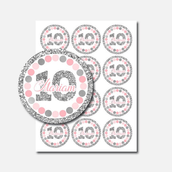 Pink and silver round labels Girl birthday tags Custom cupcake | Etsy