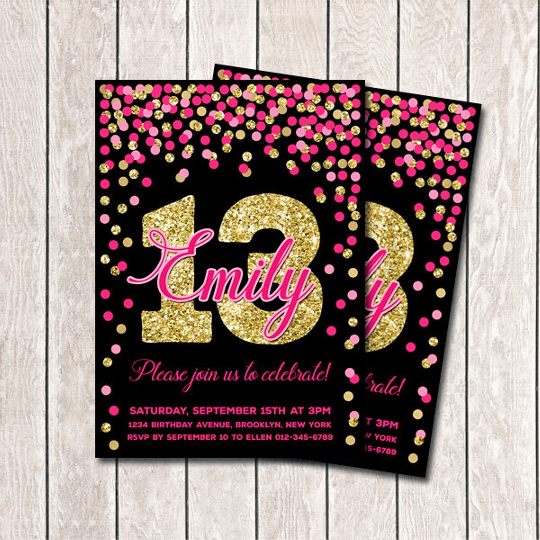13th Birthday Invitations Girl Birthday Invites Printable Hot Pink Gold ...