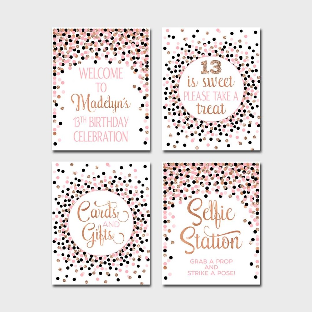 13th Birthday Table Signs Pink Black Rose Gold 13th Birthday ...