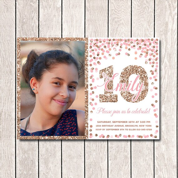 10th Birthday Girl Invitations Pink and Rose Gold Invitation - Etsy