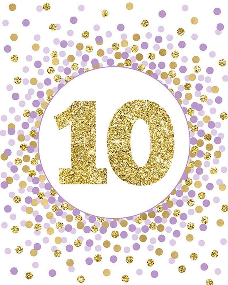 Number 10 Sign Printable Purple and Gold 10th Birthday Decorations 10th ...