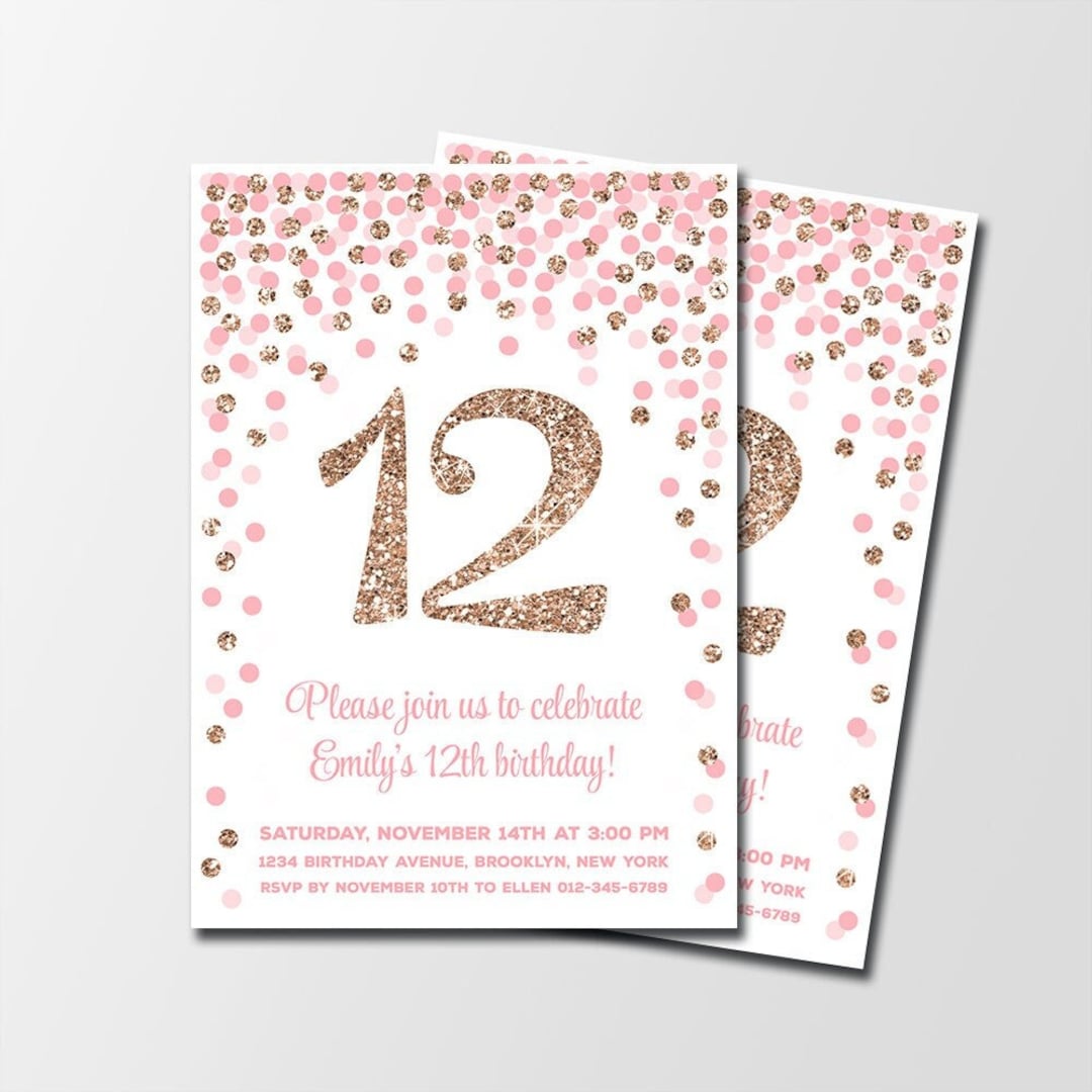 Pink and Rose Gold Birthday Invitation for Girl 12th Birthday ...