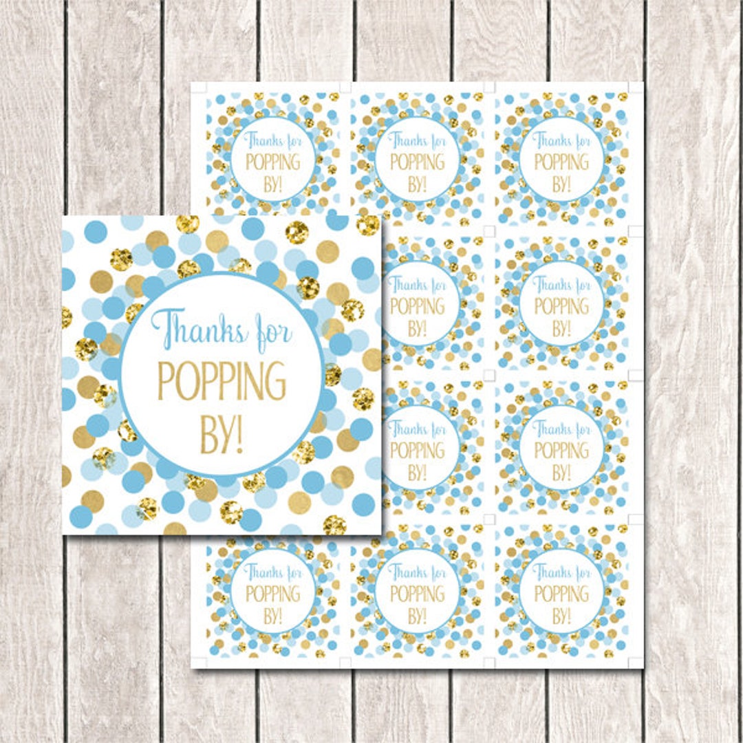 Thanks for Popping by Tags Printable Blue and Gold Baby Shower Popcorn ...