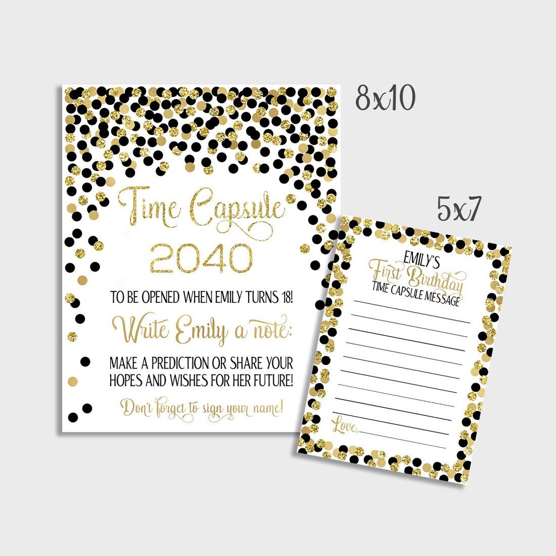 1st Birthday Time Capsule Sign and Cards Black and Gold Time Capsule ...