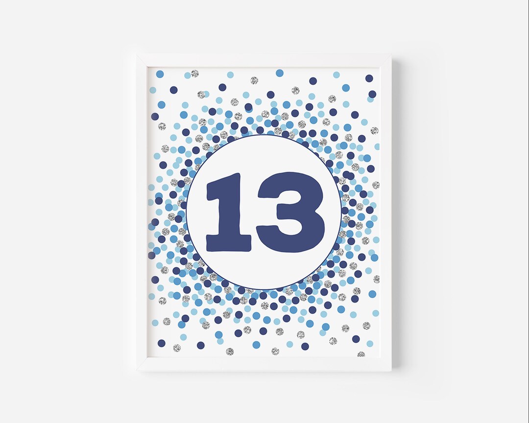 Number 13 Sign Printable Blue and Silver 13th Birthday Decorations ...