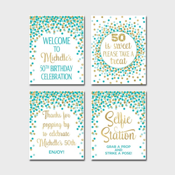 50th Birthday Table Signs Teal Gold 50th Birthday Party - Etsy
