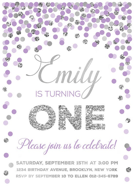 Purple Silver Invitation Personalized Girl 1st Birthday | Etsy