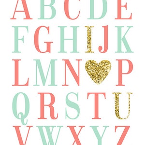 Coral Mint and Gold Alphabet Print Coral Mint Nursery Décor Baby Girl ...