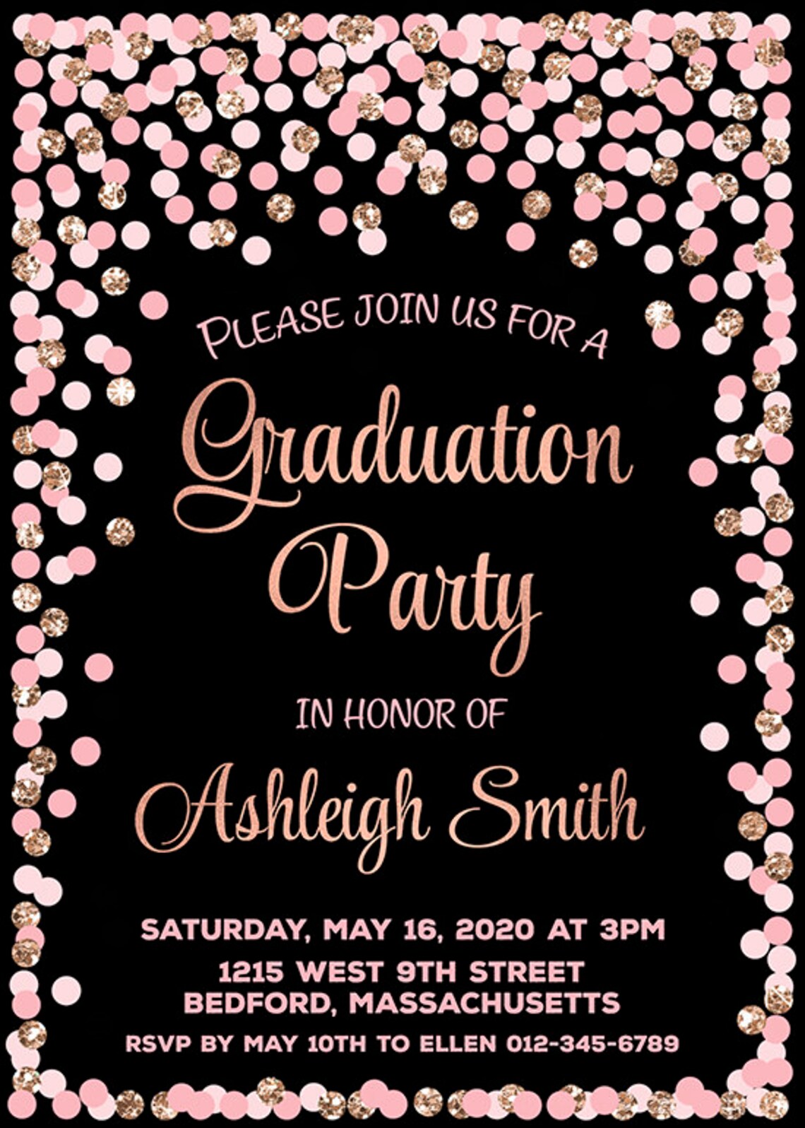 Graduation Invitation for Girls Pink Rose Gold and Black Graduation ...