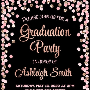 Graduation Invitation for Girls Pink Rose Gold and Black Graduation ...