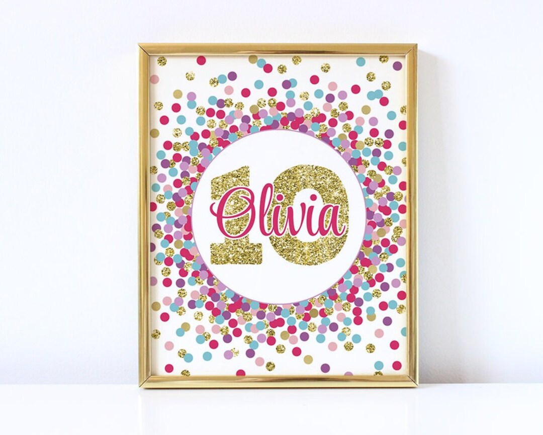 Name Sign Printable Hot Pink Purple Lavender Teal Gold 10th Birthday ...