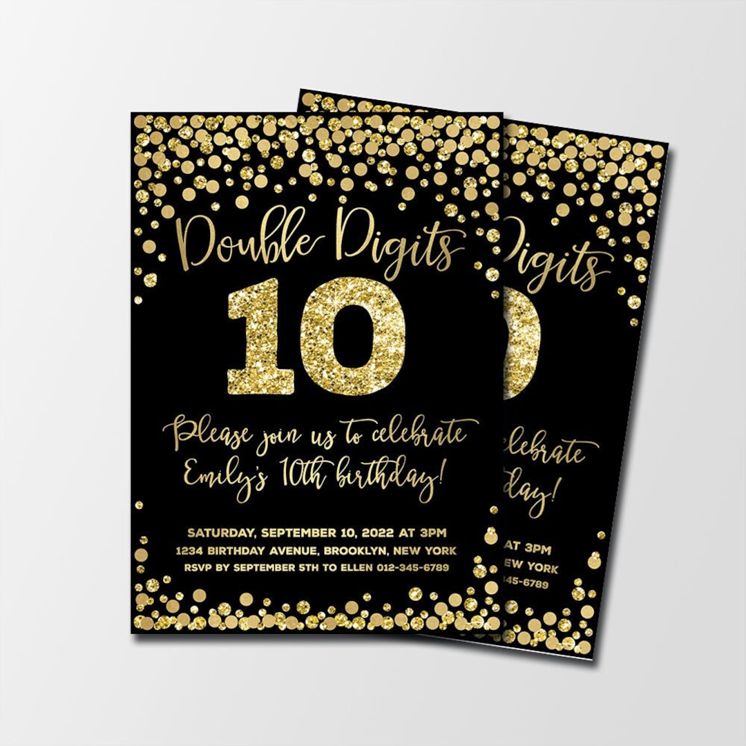 Double Digits Birthday Invitation Gold and Black 10th Birthday Confetti ...