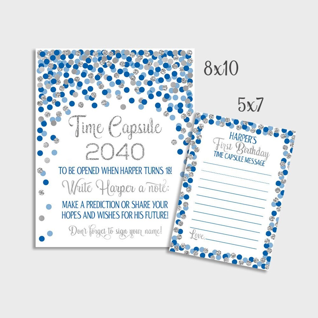 1st Birthday Time Capsule Blue and Silver Time Capsule Sign and Cards ...