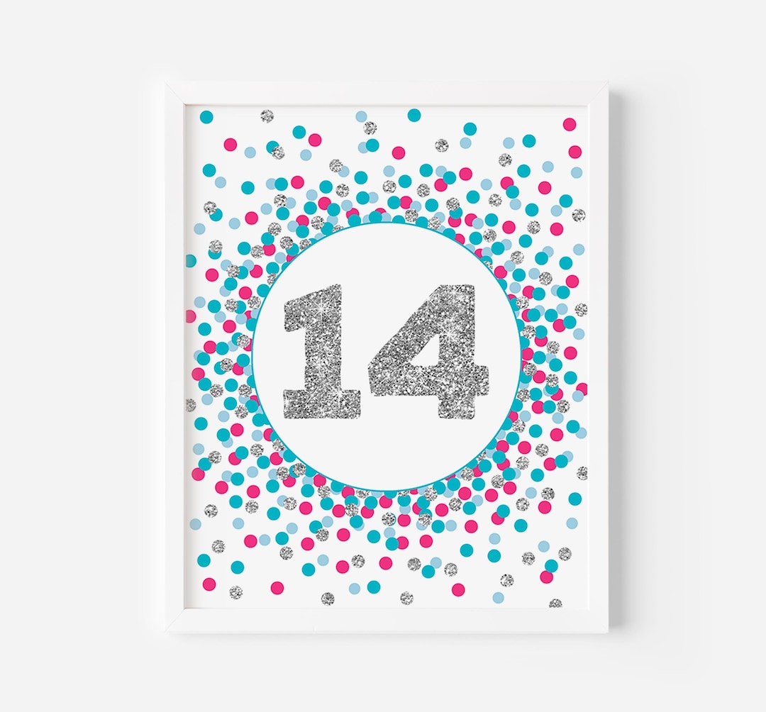 Number 14 Sign Printable Turquoise Pink and Silver 14th Birthday ...