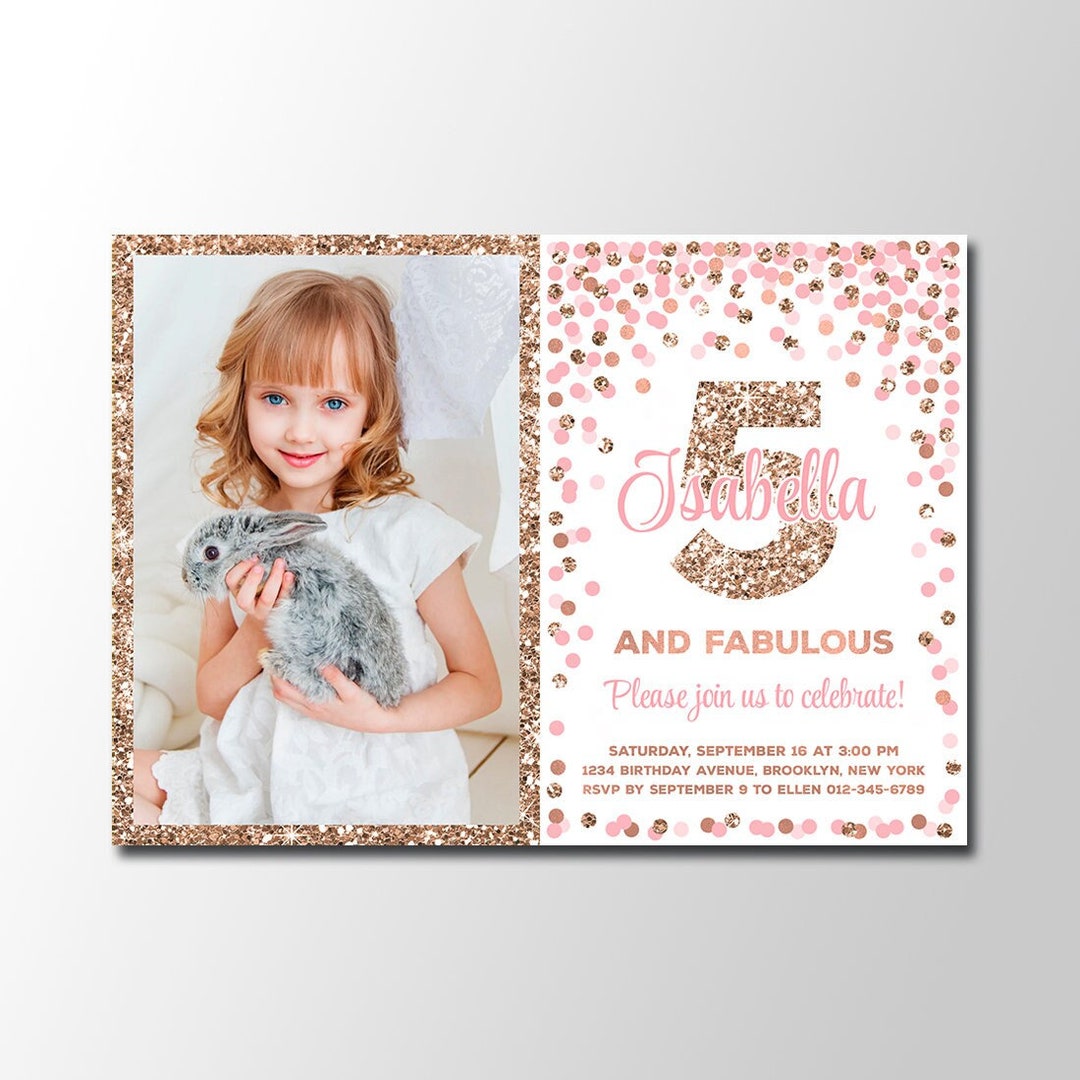 Five and Fabulous Birthday Invitation Pink Rose Gold 5th Birthday ...