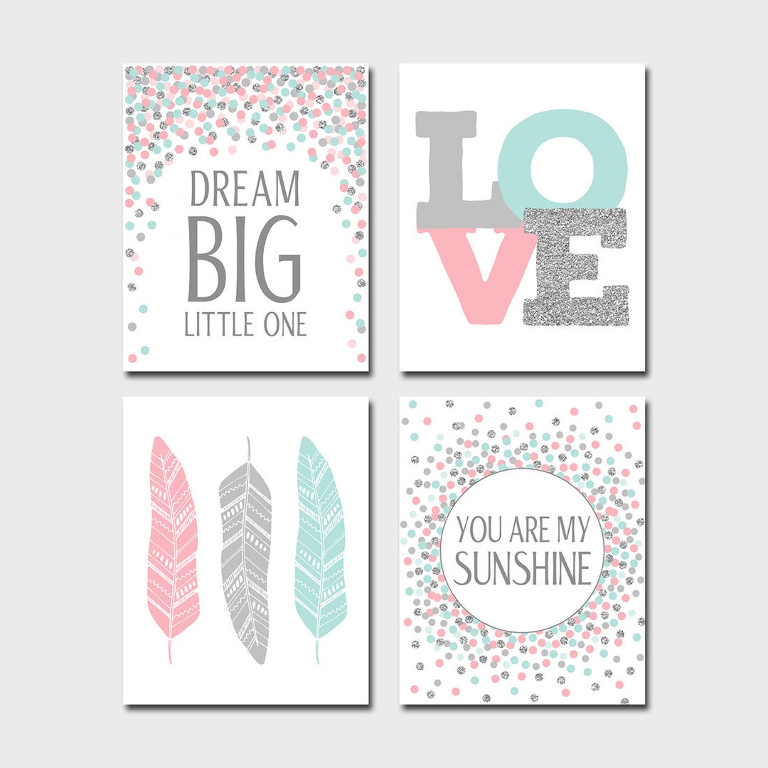Pink Aqua Silver Nursery Wall Décor You Are My Sunshine Print Dream Big ...