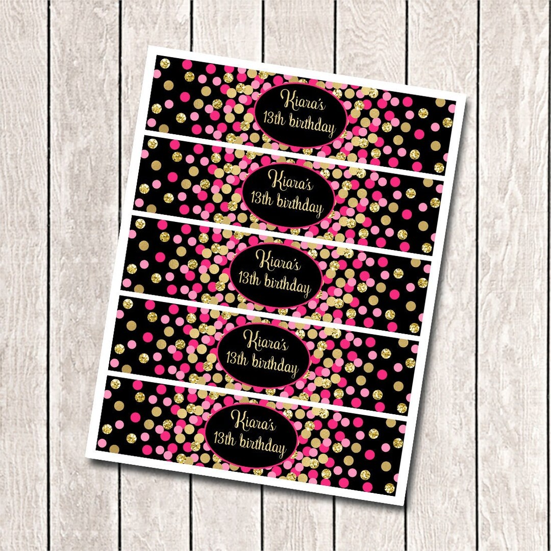 Personalized Water Bottle Labels Hot Pink Gold Birthday Water Bottle ...