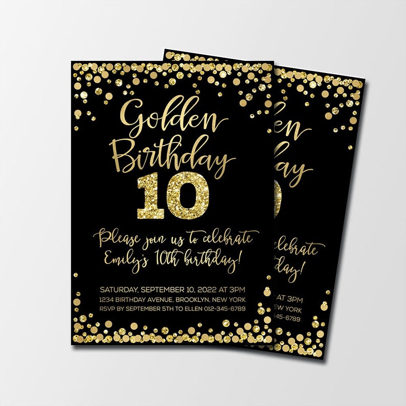 Golden Birthday Invitation Black and Gold Glitter Birthday - Etsy