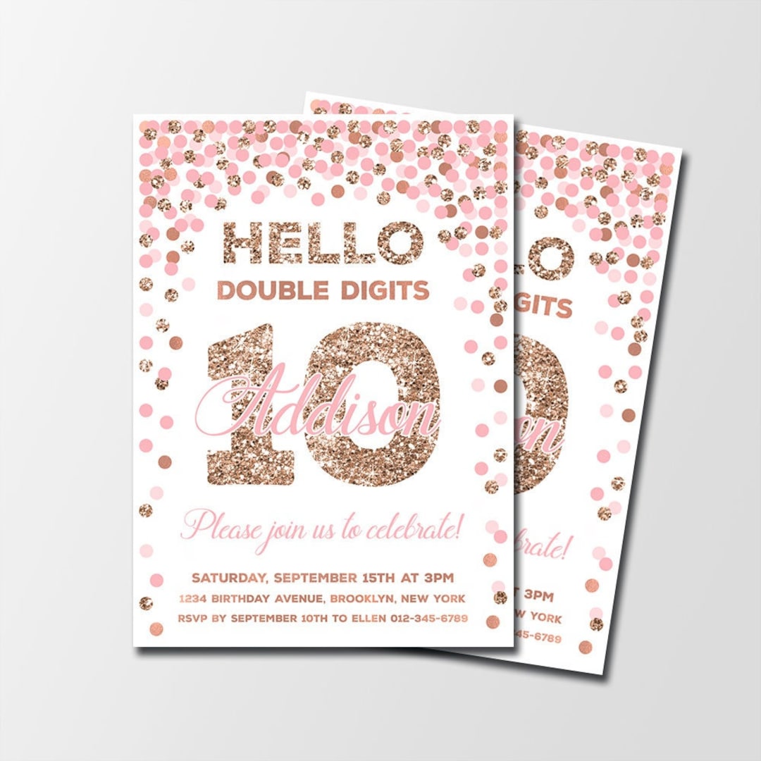 Pink and Rose Gold Double Digits Invitation 10th Birthday Invitation ...