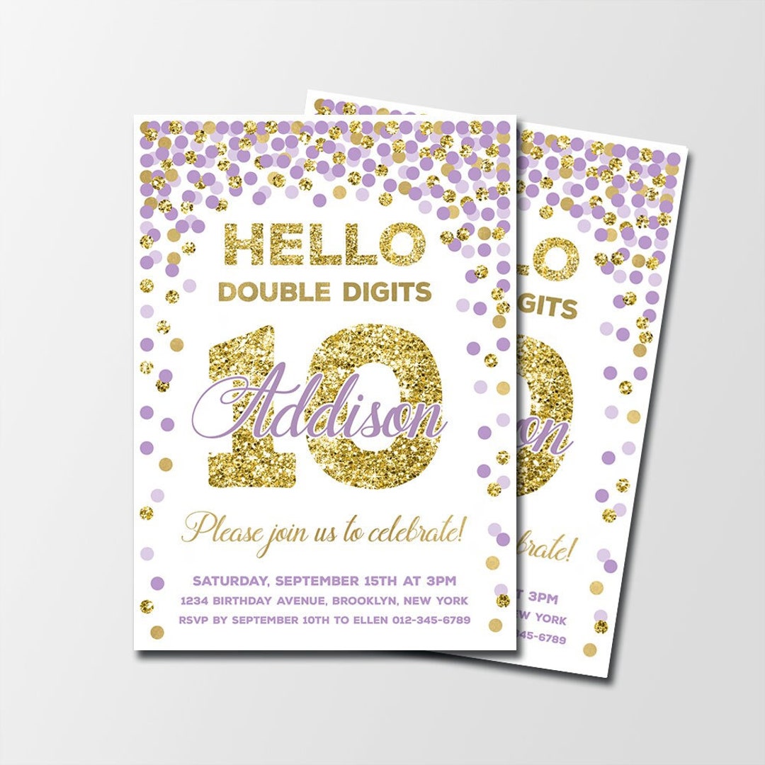 Purple and Gold Double Digits Invitation 10th Birthday Invitation for ...
