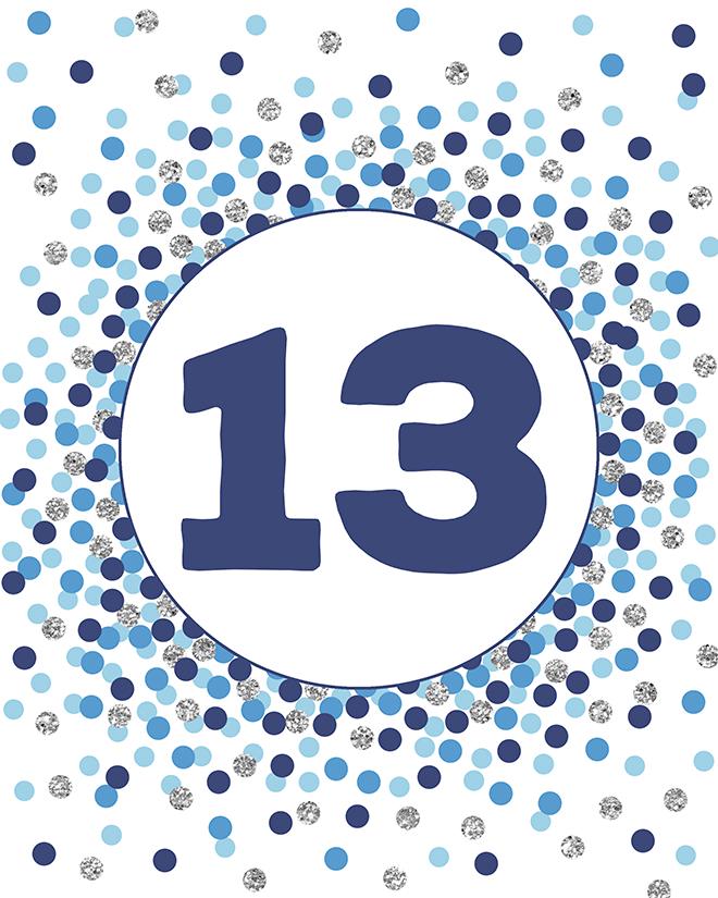 Number 13 Sign Printable Blue and Silver 13th Birthday Decorations ...