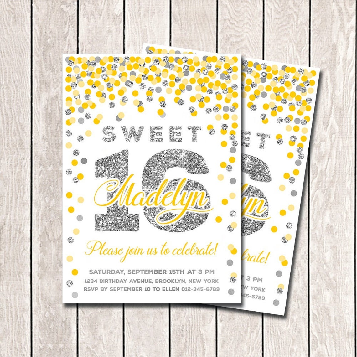 Personalized Sweet 16 Invitation Yellow Silver Girl 16th - Etsy
