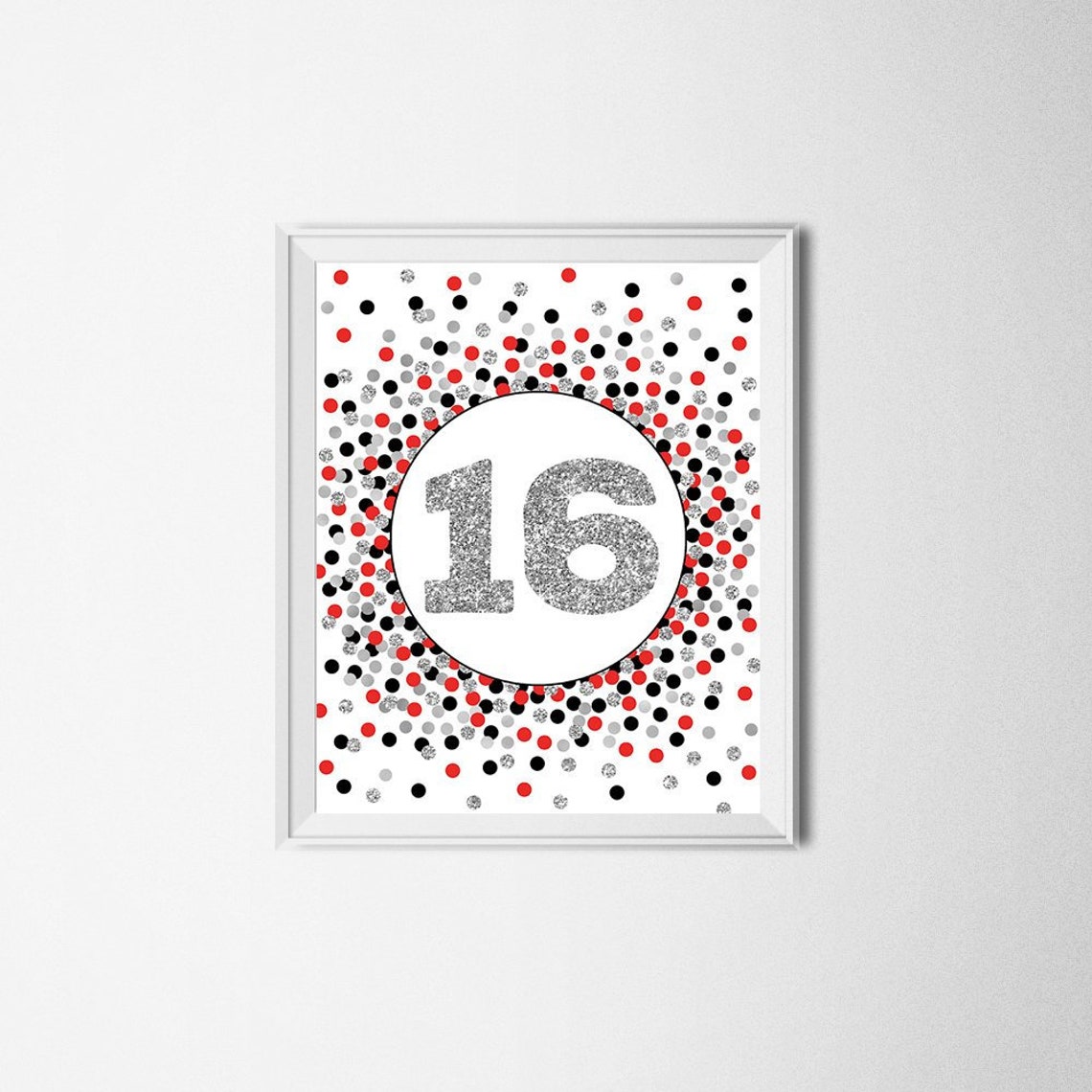 Number 16 Sign Printable Red Black Silver 16th Birthday | Etsy