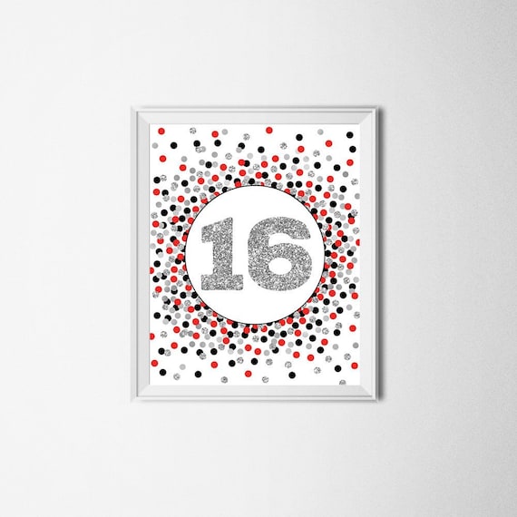 Number 16 Sign Printable Red Black Silver 16th Birthday | Etsy