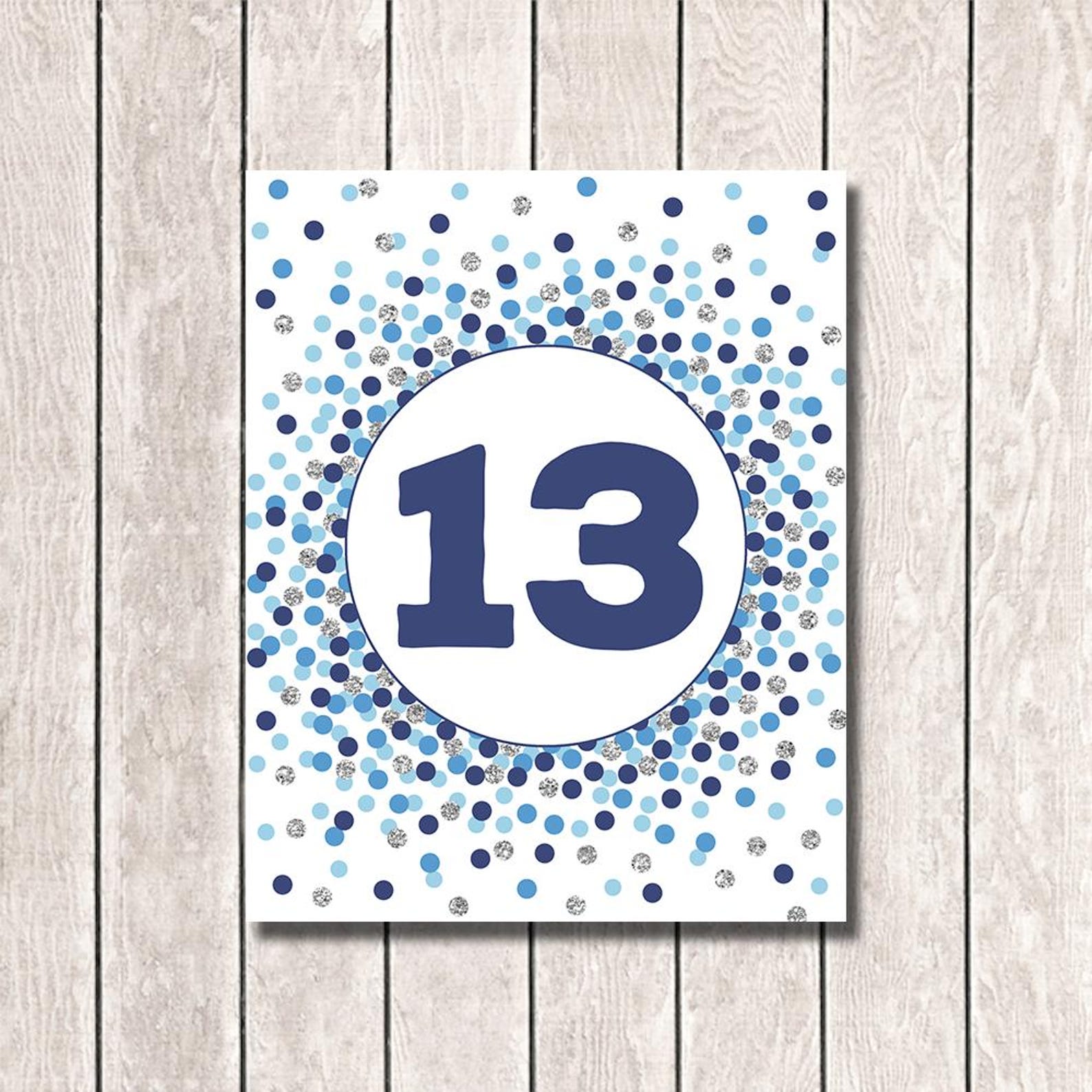 Number 13 Sign Printable Blue and Silver 13th Birthday Decorations ...