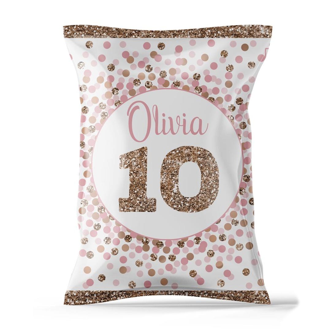 Pink and Rose Gold Birthday Chip Bag Personalized Chip Bag Label 10th ...