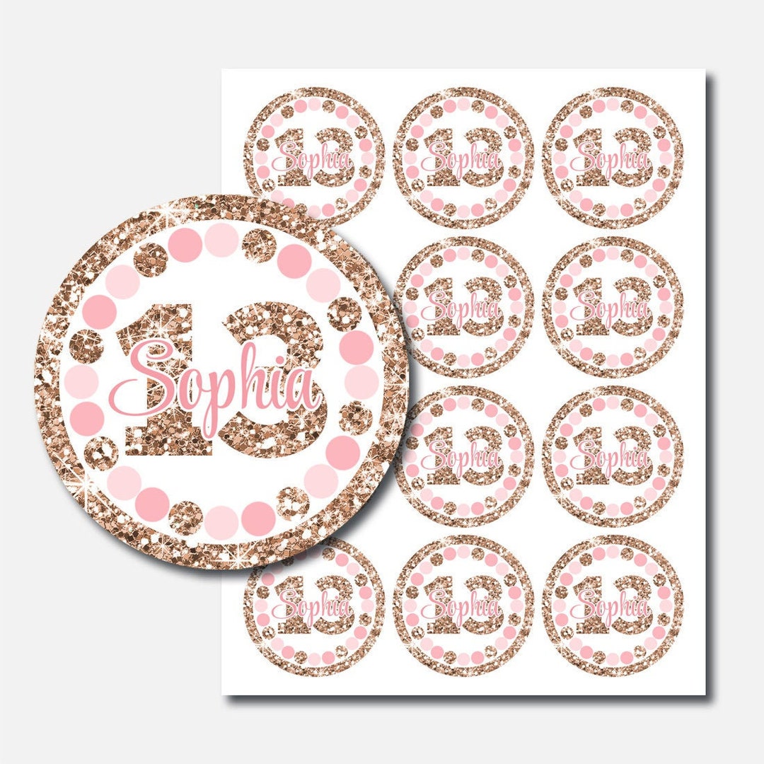 Pink and Rose Gold Round Labels Girl Birthday Tags Personalized Cupcake ...