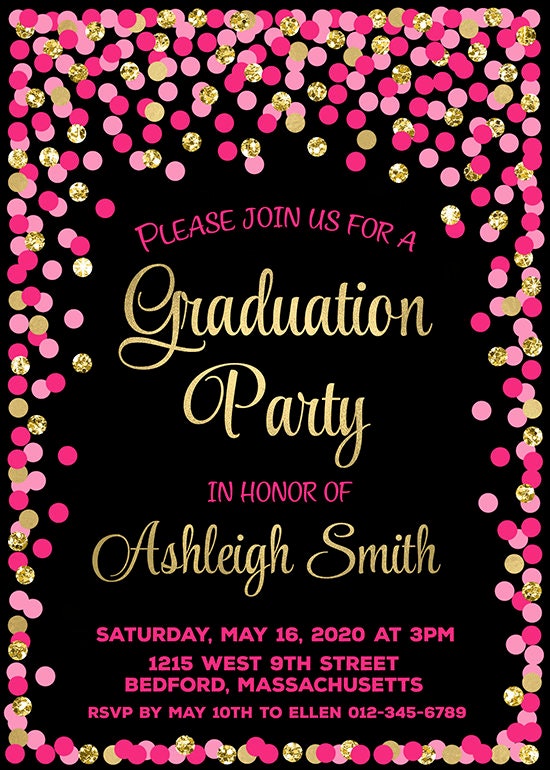 Graduation Invitation for Girl Hot Pink Gold and Black Graduation Party ...