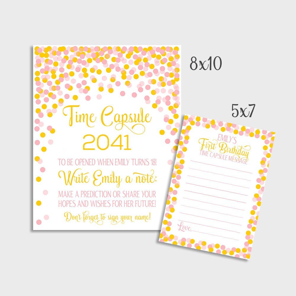 1st Birthday Time Capsule Sign and Cards Pink and Yellow Time Capsule ...