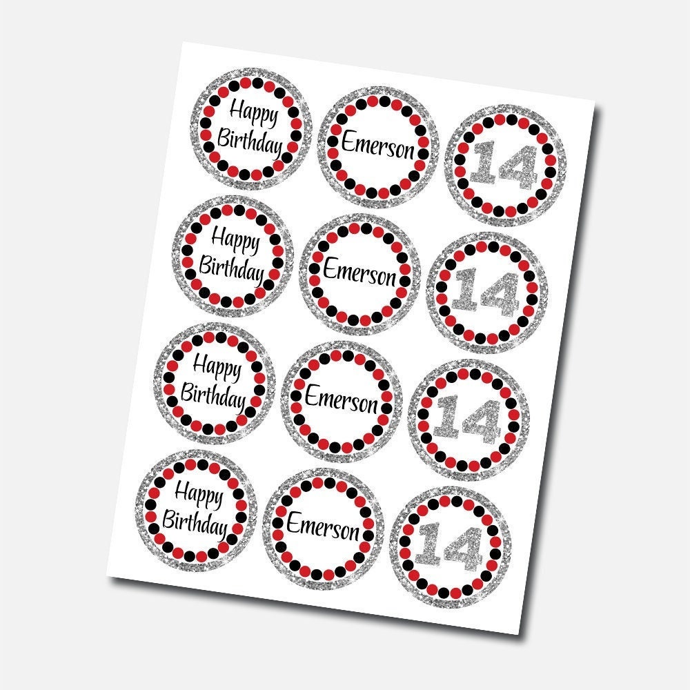 14th Birthday Cupcake Toppers Red Black and Silver Cupcake | Etsy