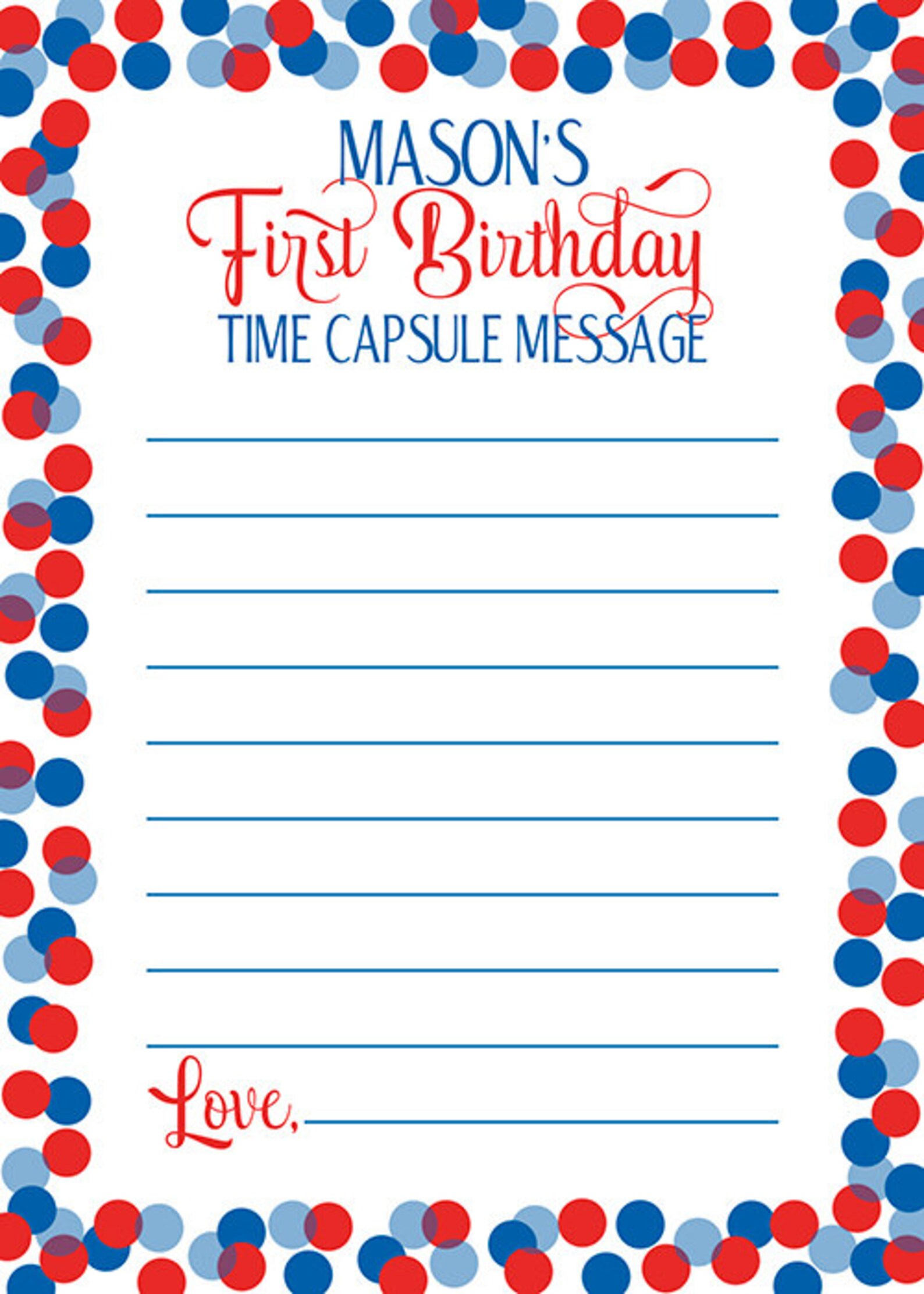 Red and Blue Time Capsule Boy or Girl 1st Birthday Party | Etsy