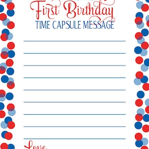 Red and Blue Time Capsule Boy or Girl 1st Birthday Party Personalized ...