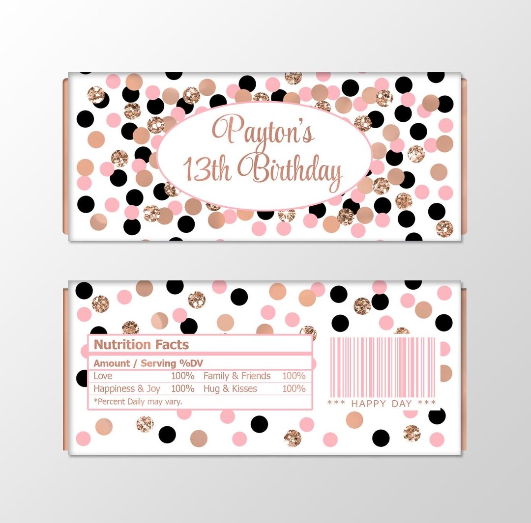 Birthday Candy Bar Wrappers Pink Black Rose Gold Chocolate Wrapper ...