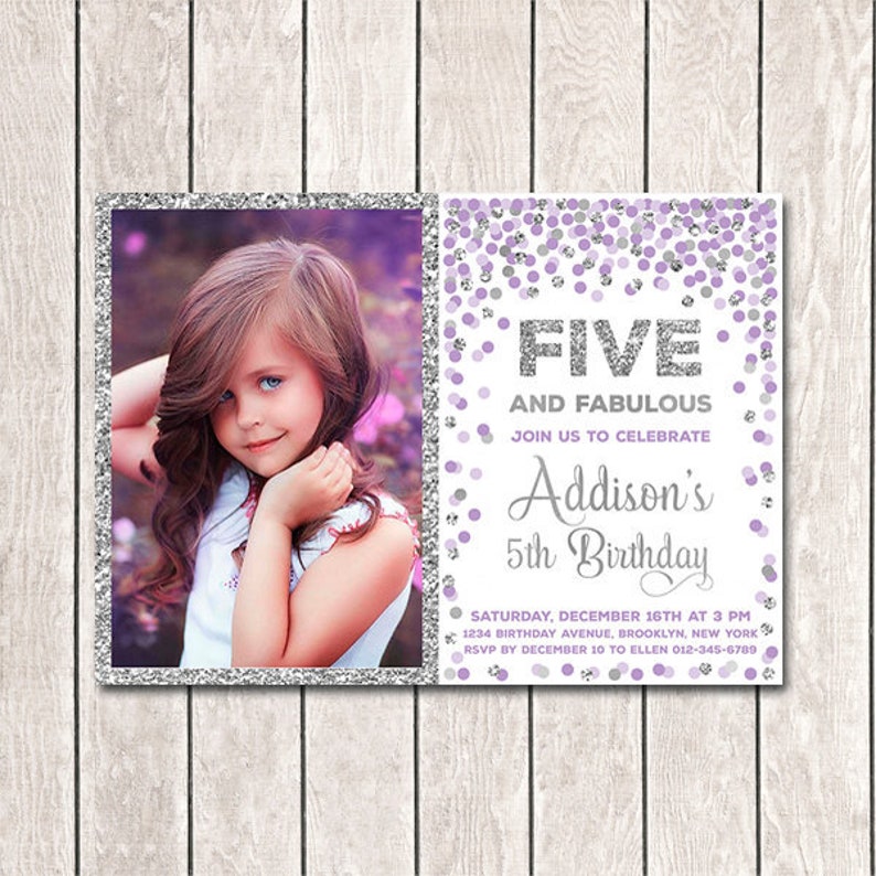 Girl 5th Birthday Invitation With Photo Five and Fabulous | Etsy