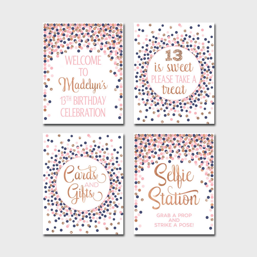 13th Birthday Table Signs Printable Pink Navy Rose Gold 13th Birthday ...