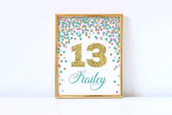13th Birthday Girl Decorations Purple Teal Gold Number 13 Sign | Etsy