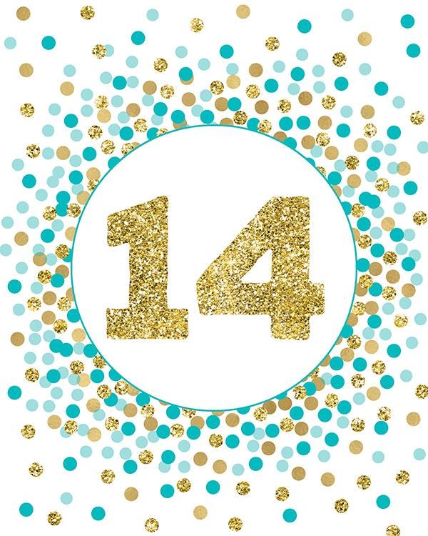 Teal and Gold Number 14 Sign Printable Number 14 Poster Girl 14th ...