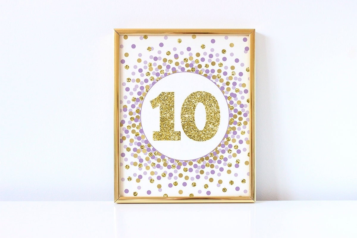 Number 10 Sign Printable Purple and Gold 10th Birthday Decorations 10th ...