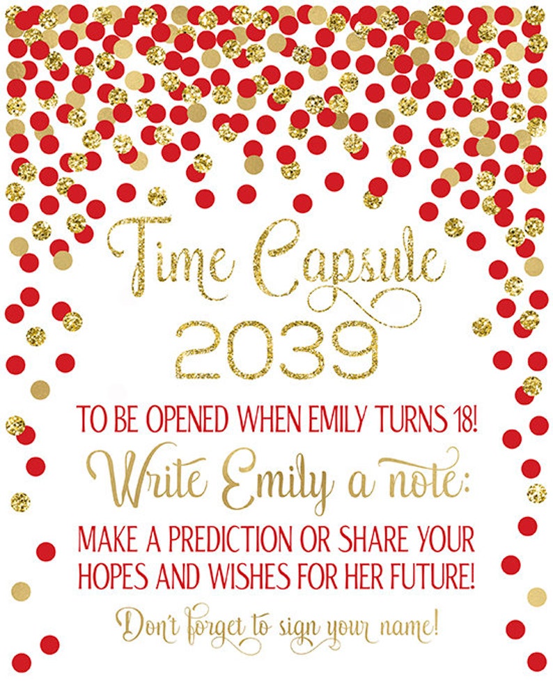 Time Capsule Sign and Wishes Cards Printable Red and Gold Time - Etsy