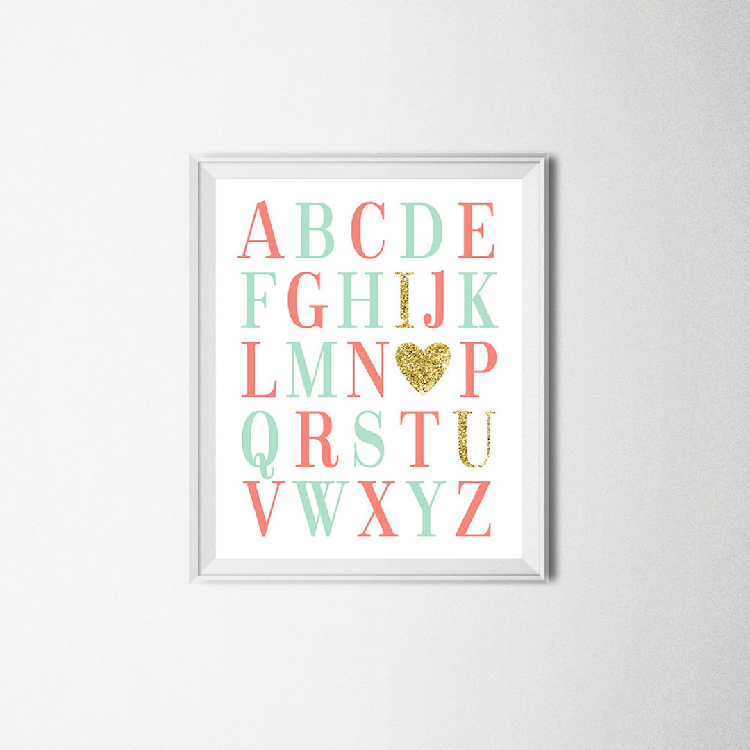 Coral Mint and Gold Alphabet Print Coral Mint Nursery Décor Baby Girl ...