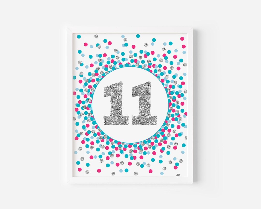 Number 11 Sign Printable Turquoise Pink and Silver 11th Birthday ...