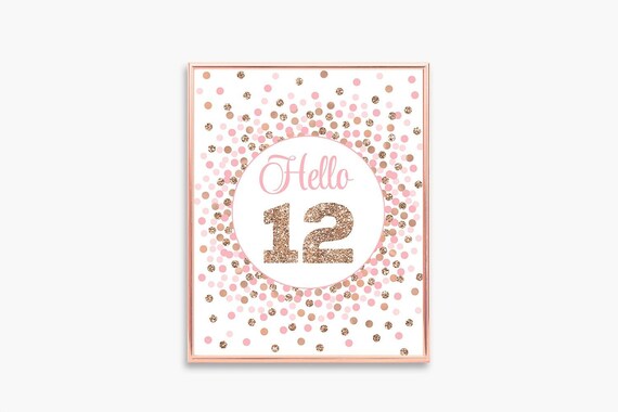 Hello 12 Sign Printable Pink and Rose Gold 12th Birthday Table | Etsy