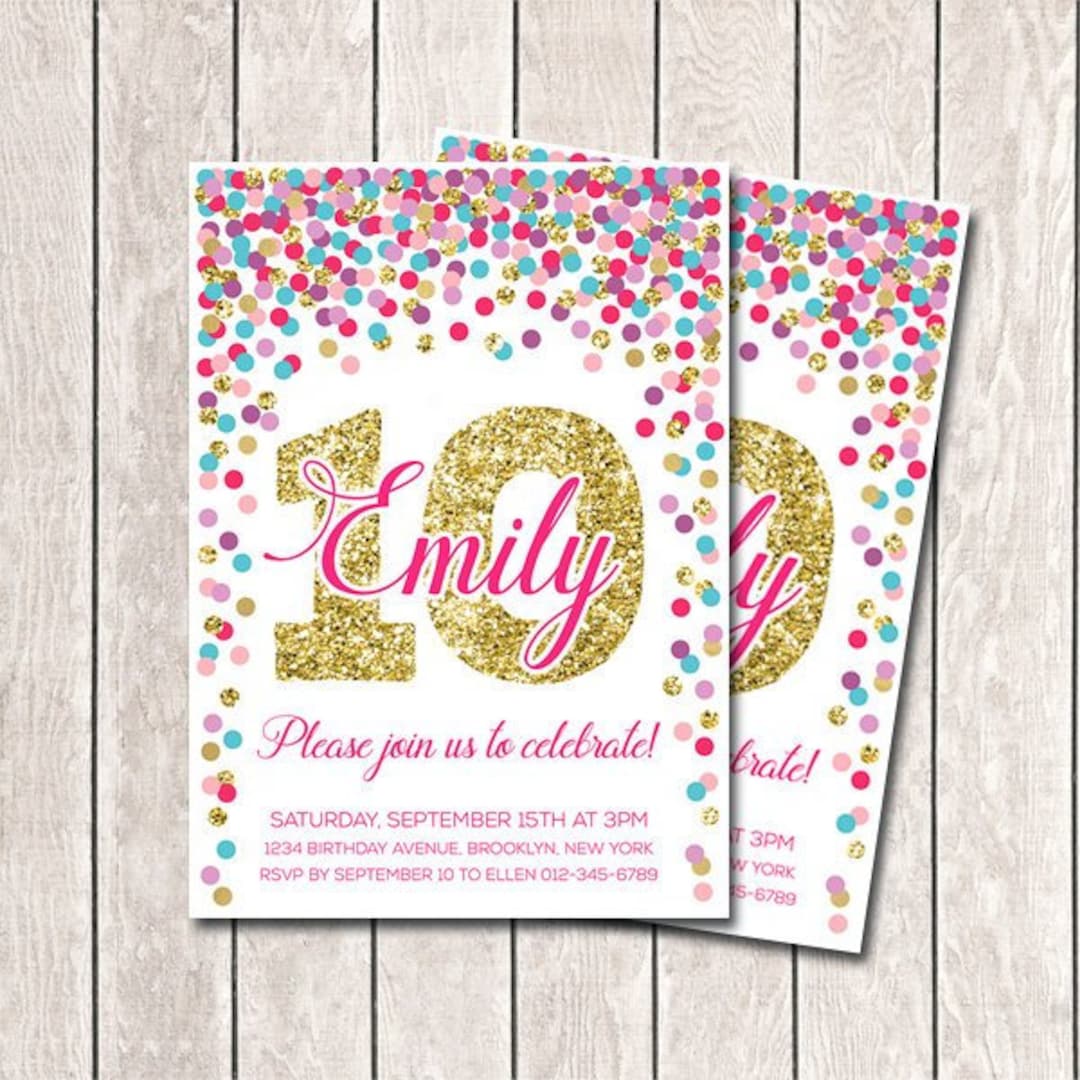 Girl 10th Birthday Invitations Printable Hot Pink Purple Lavender Teal ...