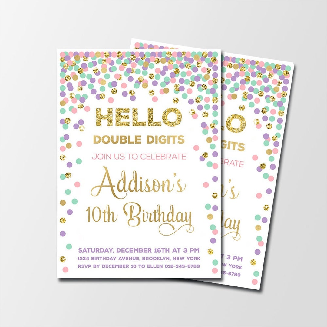 Double Digits Birthday Invitation Pink Purple Mint Gold 10th Birthday ...