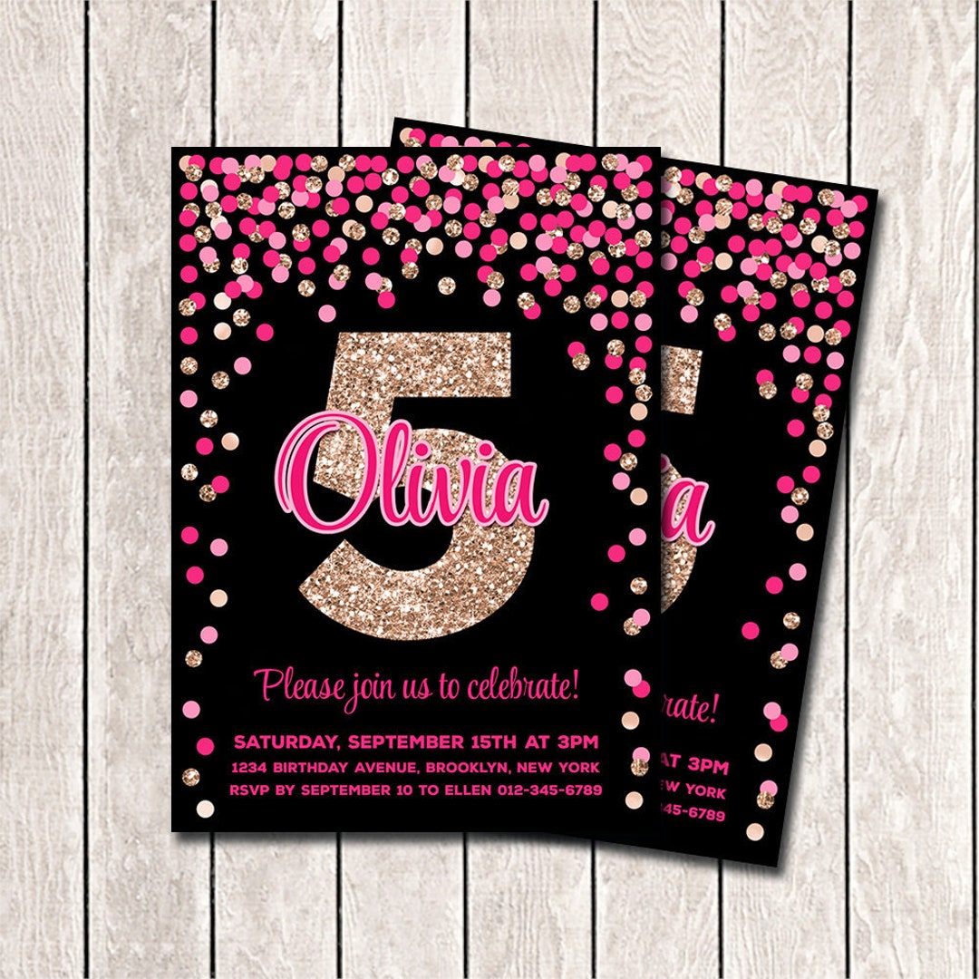 Hot Pink Rose Gold Birthday Invitation for Girl 5th Birthday Invitation ...